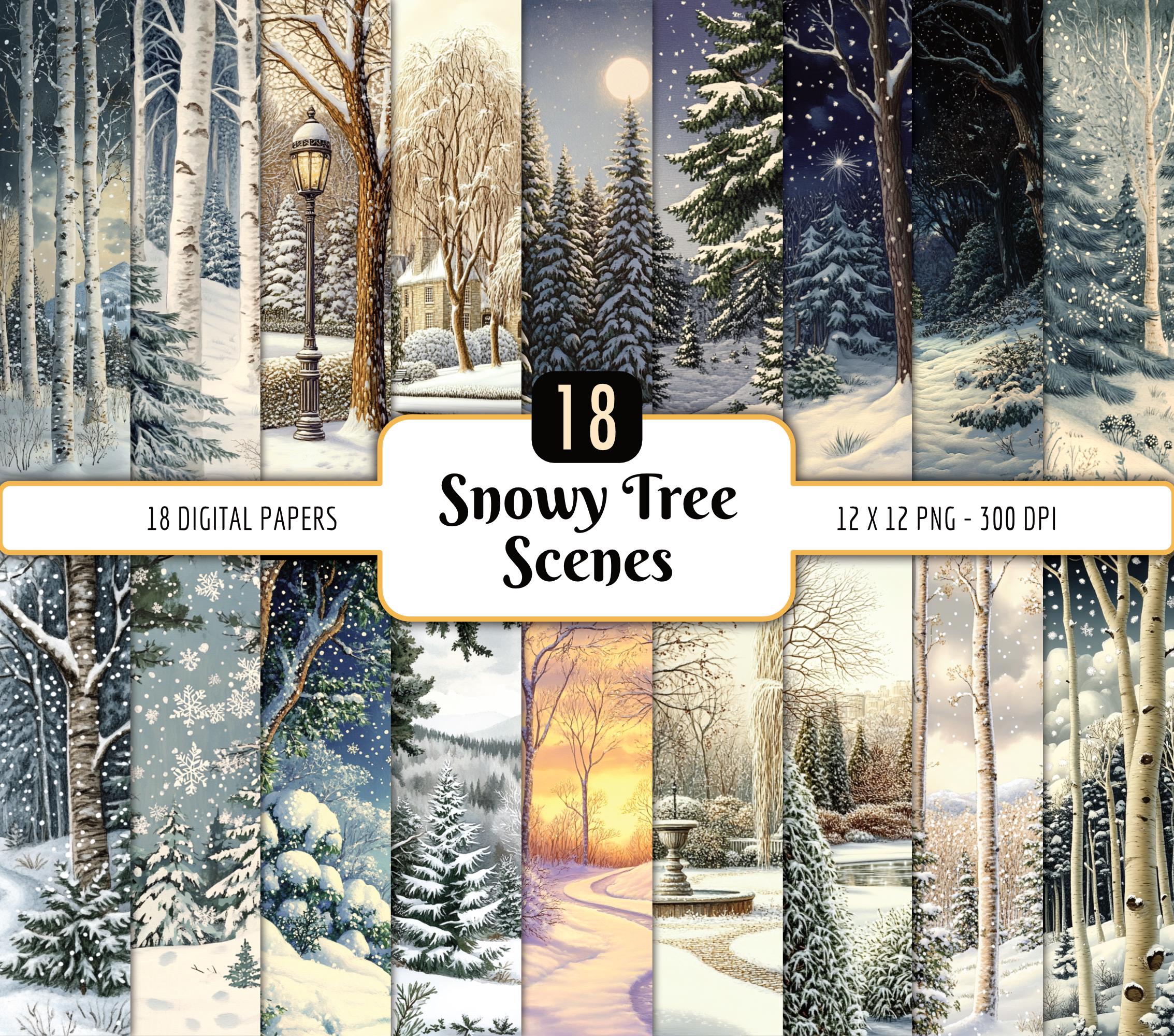 Snowy Tree Scenes Digital Paper Pack | Winter, Landscapes, Snowing ...