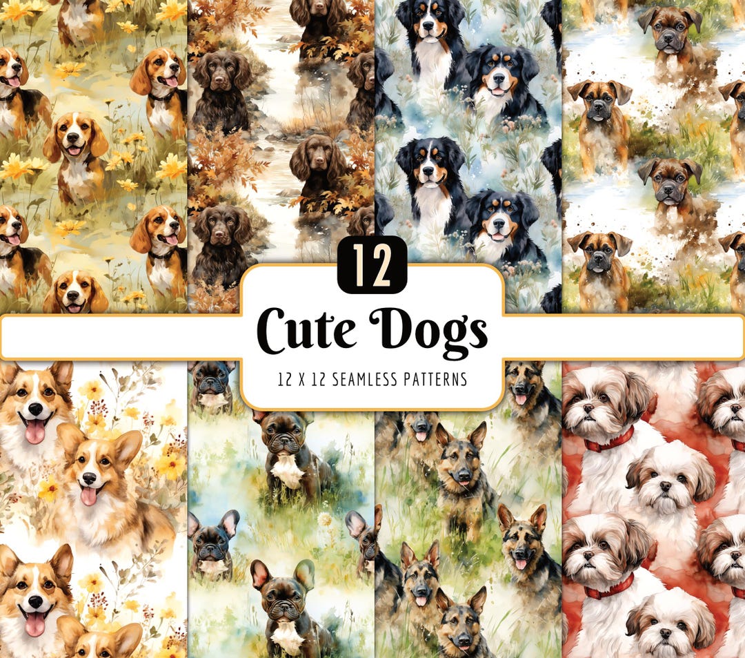 Cute Dogs Seamless Patterns: Watercolor Pets Digital Paper Pack (PNG ...