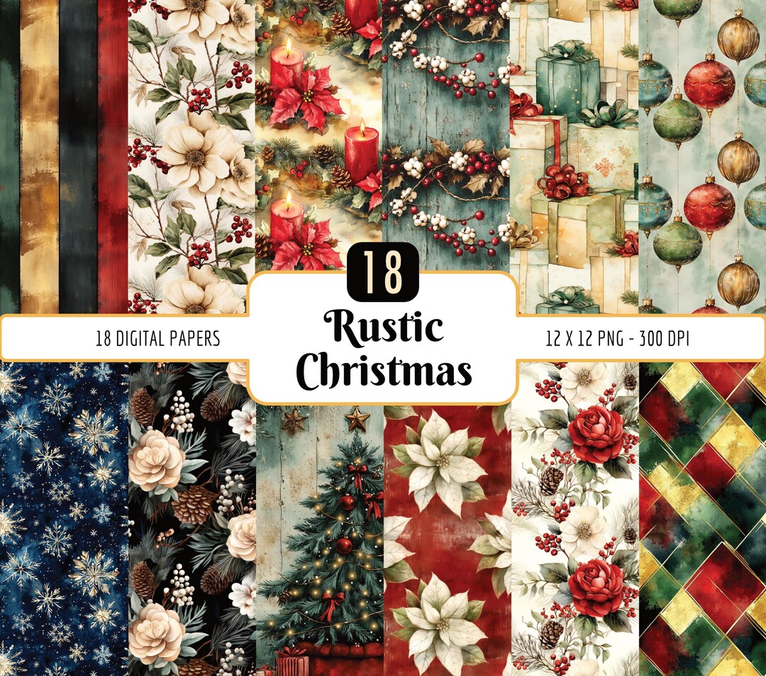 Rustic Christmas Digital Paper Pack | Christmas Tree, Wreath ...