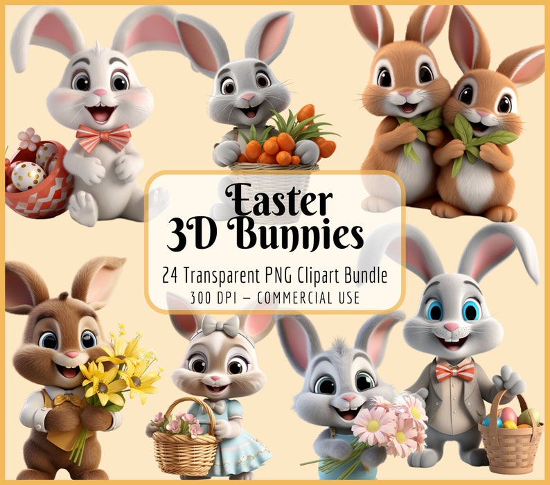 Easter 3D Bunnies Clipart Bundle I Spring Flowers, Cute Bunny, Easter ...