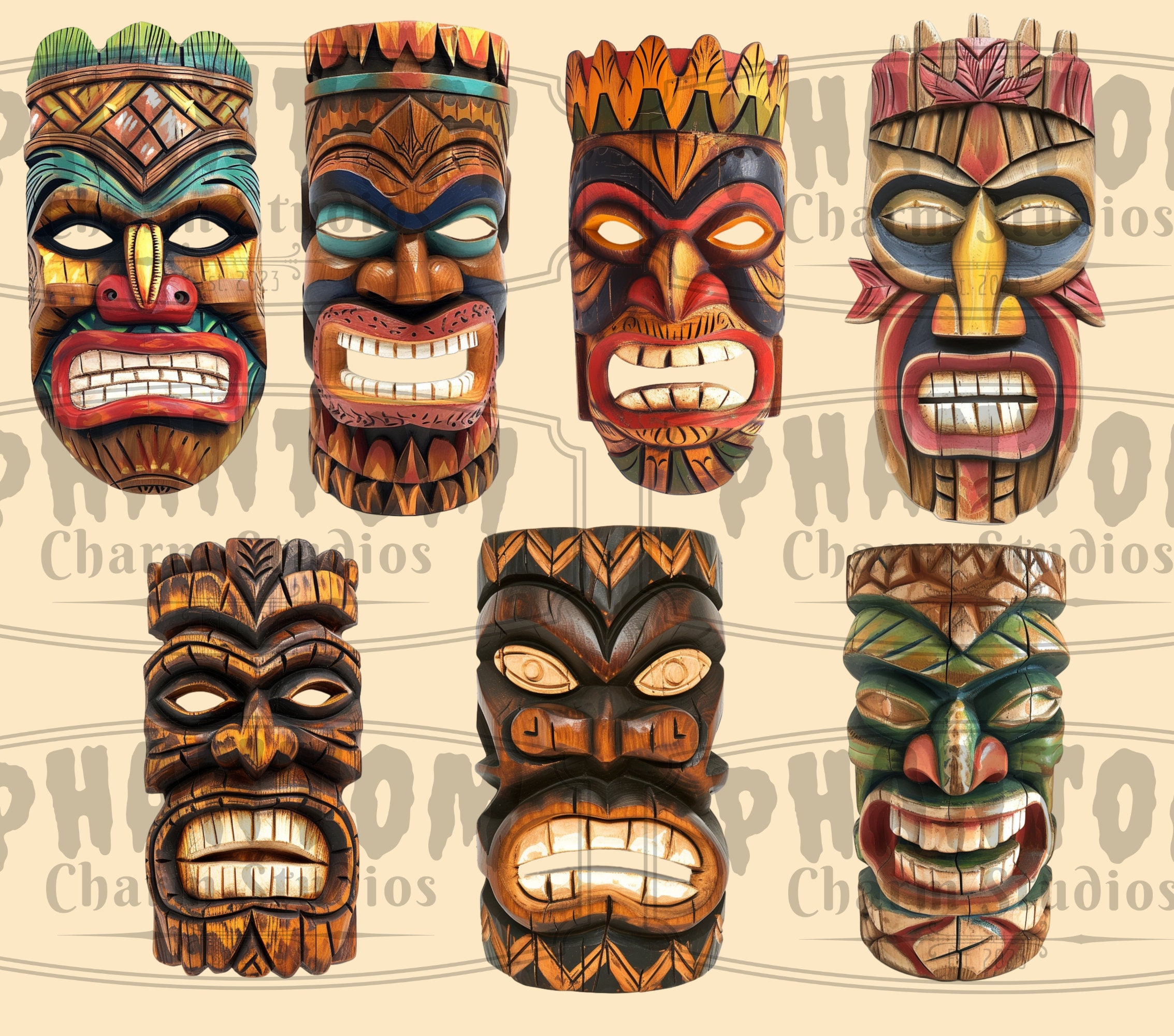 Tiki Masks Clipart Bundle I Exotic, Carved Wood Style, Polynesian Luau ...
