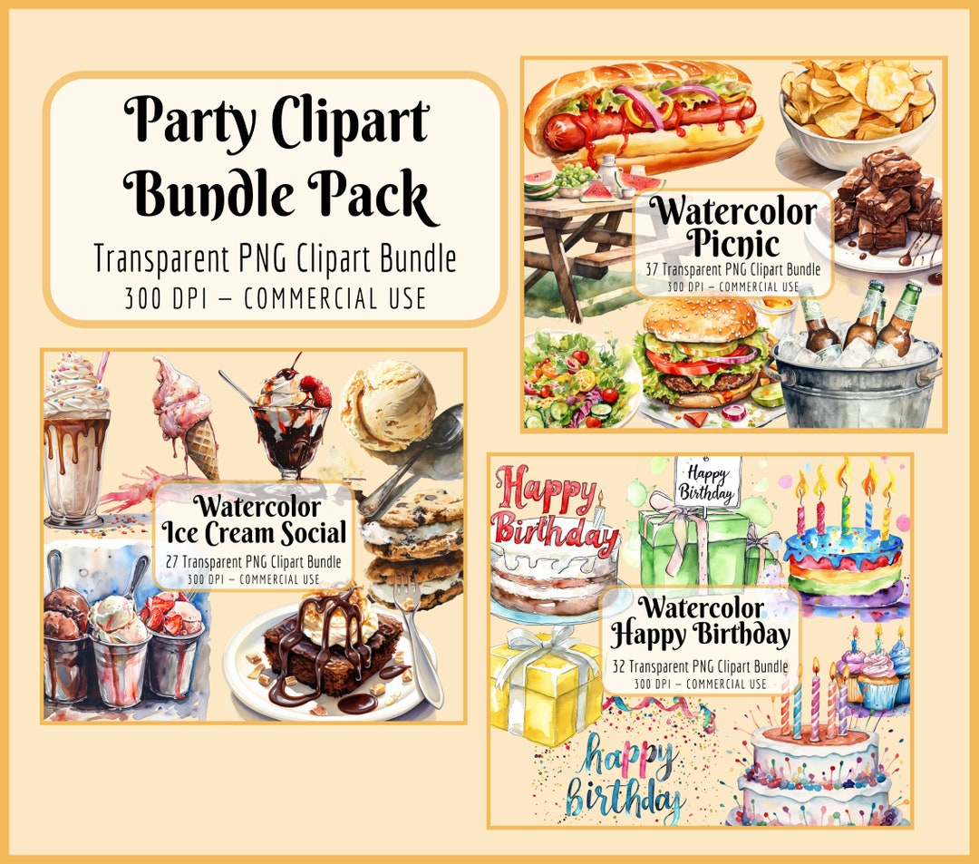 Party Clipart Bundle Pack Watercolor Picnic, Ice Cream Social, Birthday ...