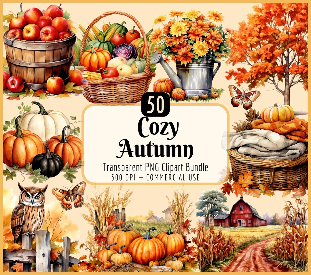 Cozy Autumn Clipart Bundle Fall Graphics, Sunflowers, Pumpkins ...
