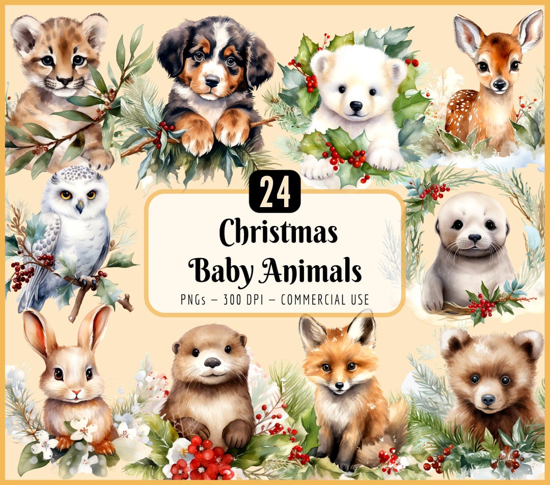 Christmas Baby Animals Clipart Bundle | Watercolor, Woodland, Cute Xmas ...