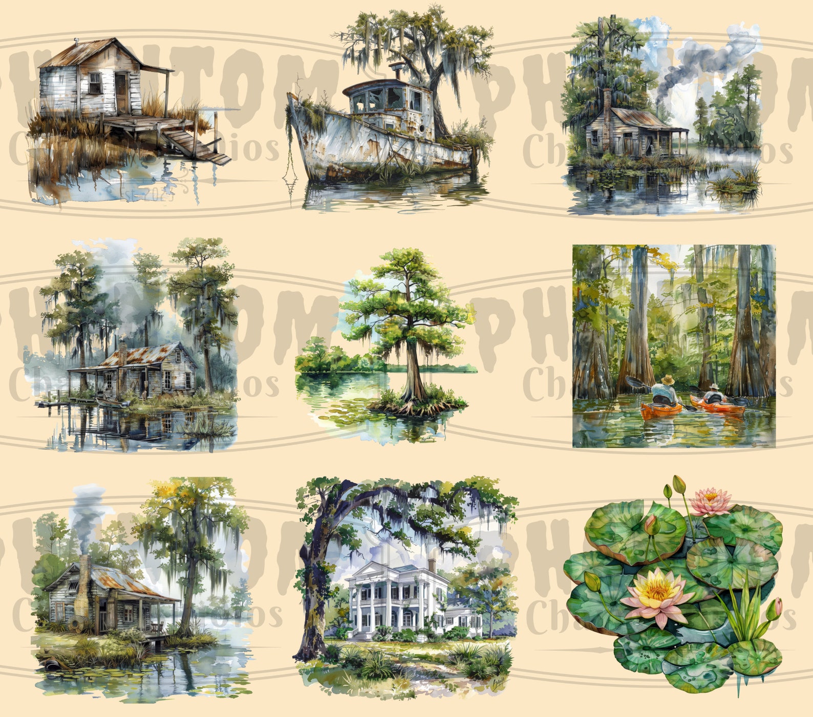 Watercolor Bayou Clipart Bundle I Louisiana, Southern Landscape ...