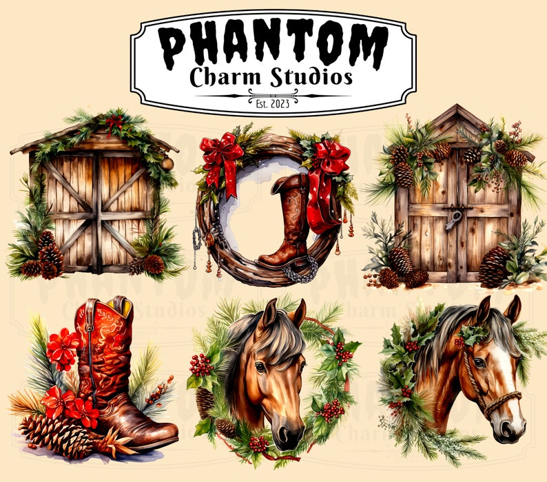 Cowboy Christmas Clipart Bundle Watercolor Xmas, Western Rustic Boho ...