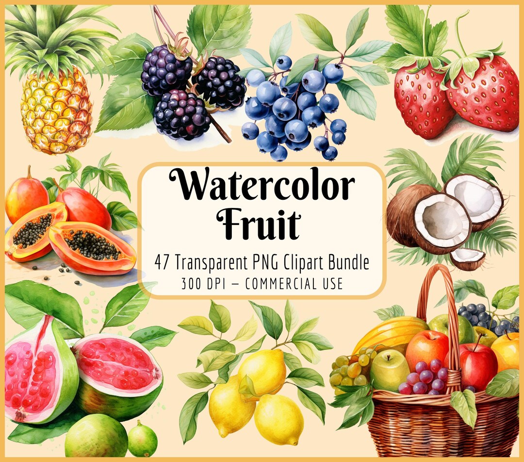 Watercolor Fruit Clipart Bundle | Tropical Fruit Variety, Summer, Fruit ...