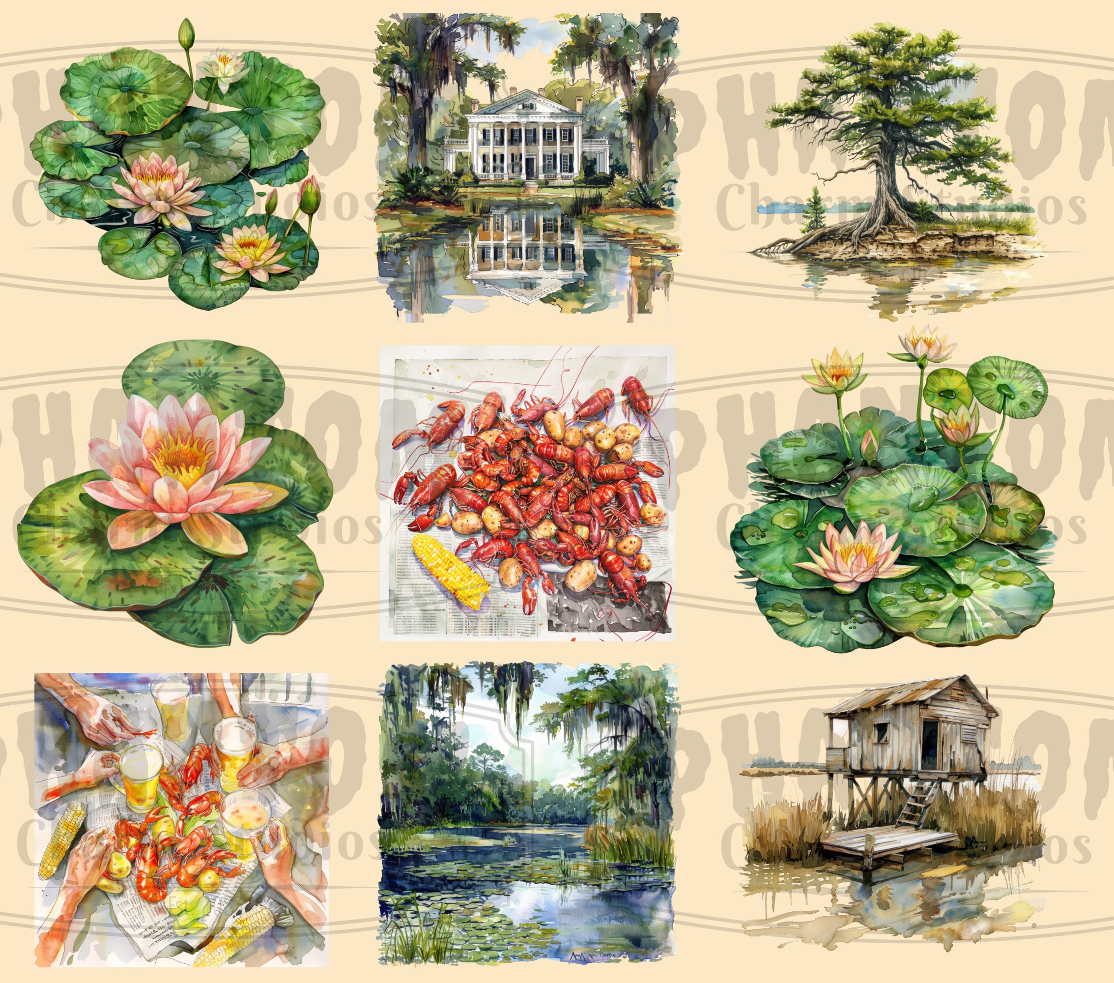 Watercolor Bayou Clipart Bundle I Louisiana, Southern Landscape ...