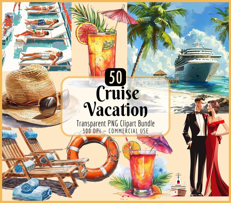 Cruise Vacation Clipart Bundle I Watercolor, Ocean Travel, Cruise Ships ...