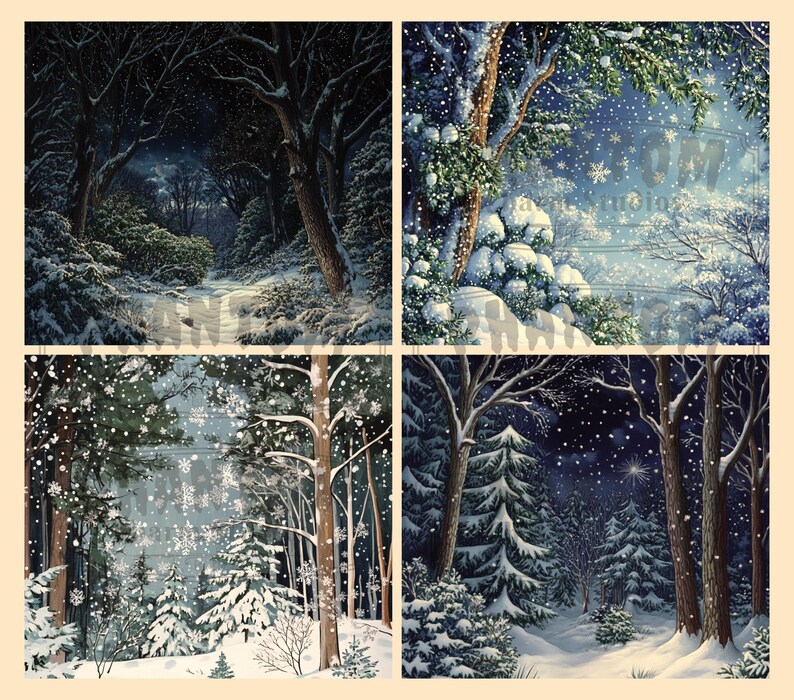 Snowy Tree Scenes Digital Paper Pack | Winter, Landscapes, Snowing ...