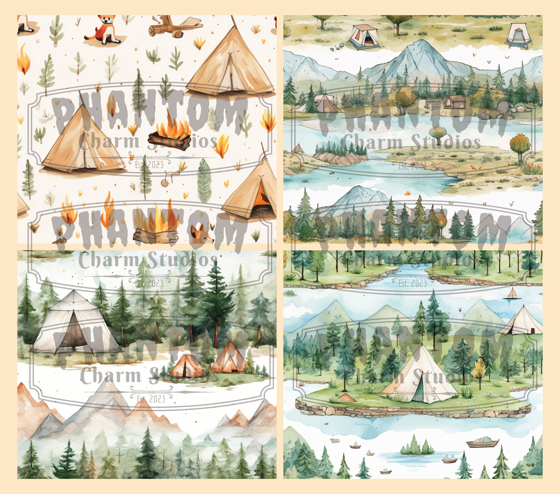 Watercolor Camping Seamless Patterns: Digital Paper Pack, Summer ...