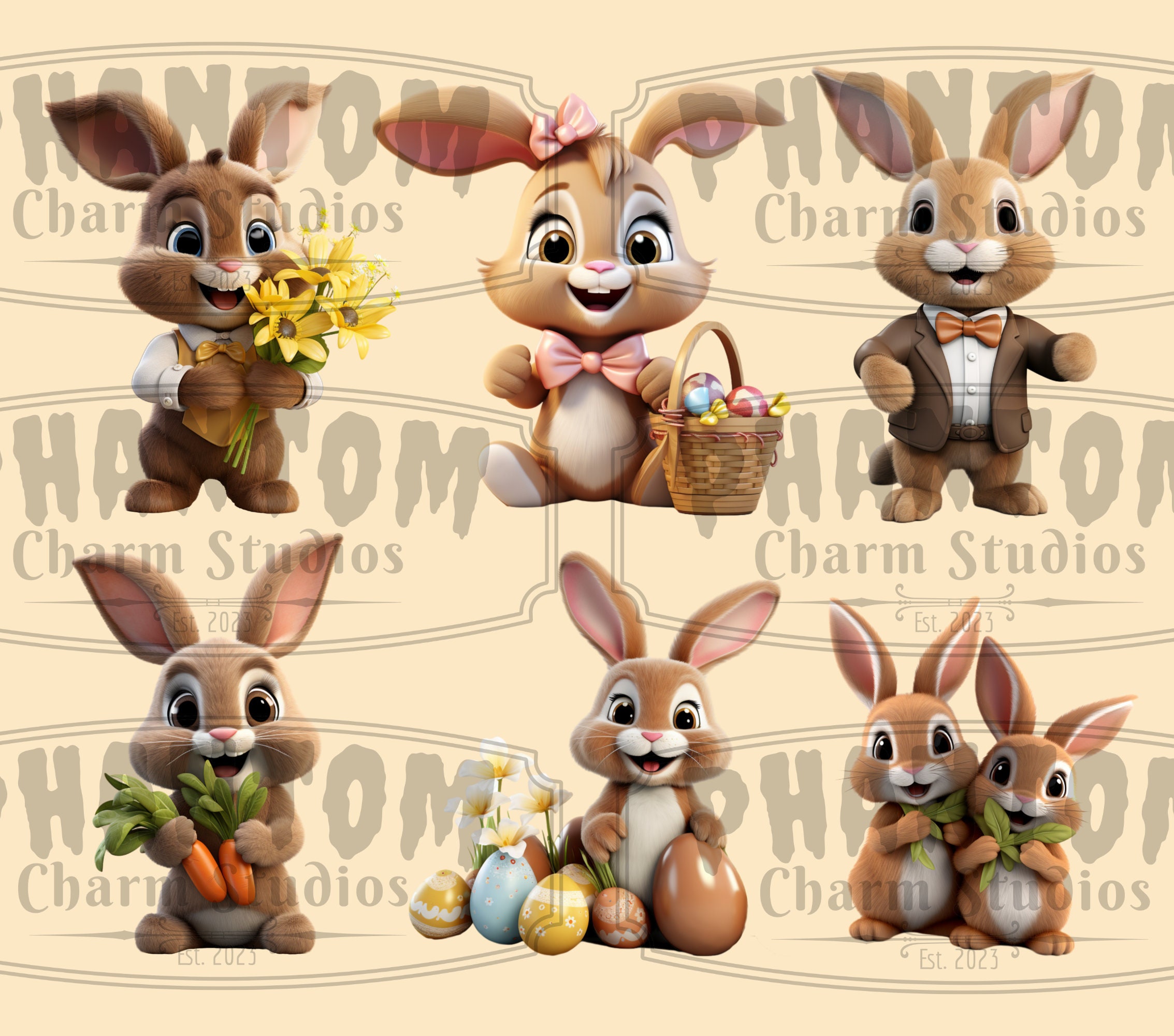 Easter 3D Bunnies Clipart Bundle I Spring Flowers, Cute Bunny, Easter ...