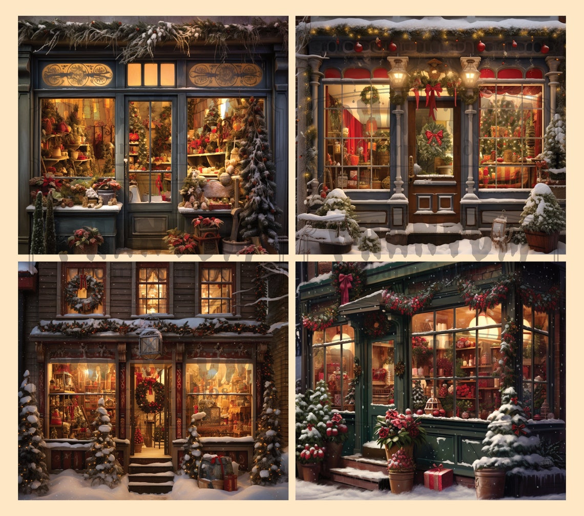 Holiday Storefronts: Christmas Shops, Festive Xmas Village Scenes (PNG ...