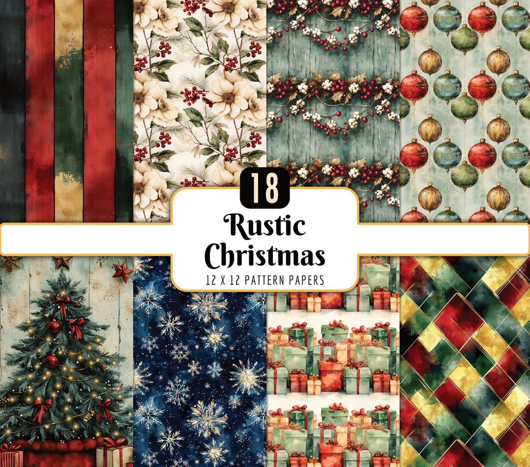 Rustic Christmas Backgrounds: Digital Paper Pack, Ornaments, Poinsettia ...