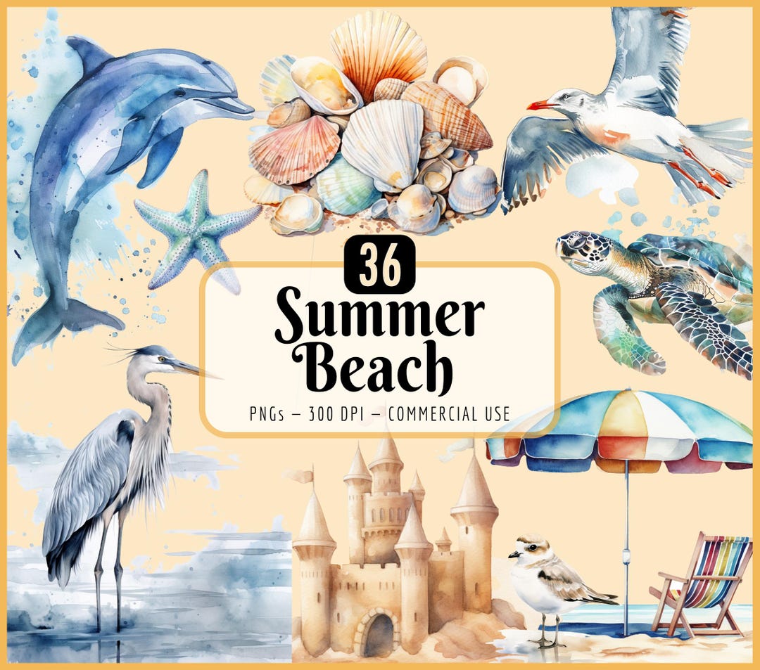 Summer Beach Clipart: Pastel Ocean Graphics, Tropical Vacation (PNG ...