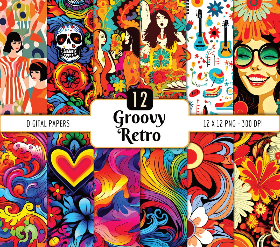 Retro Groovy Digital Paper Pack | Colorful Flower Power, Psychedelic ...
