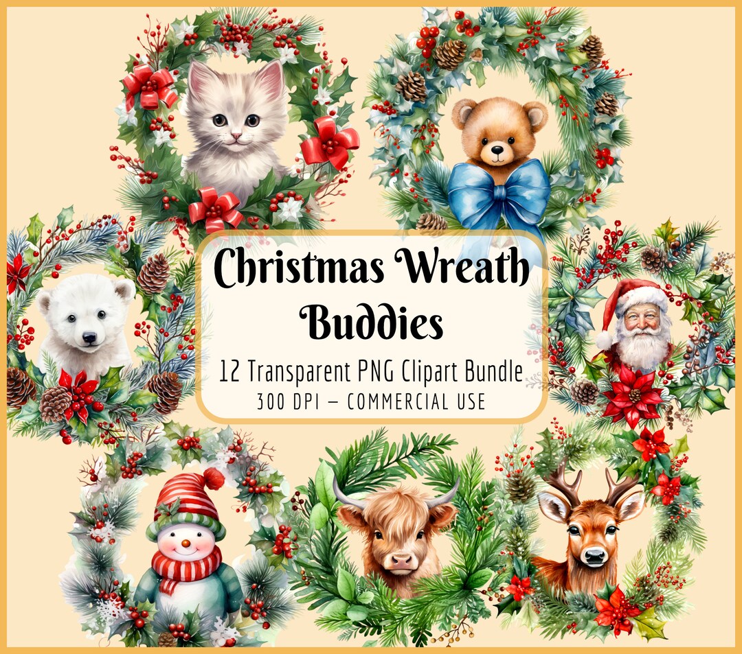 Holiday Wreath Buddies Clipart Bundle Watercolor Christmas, Festive ...