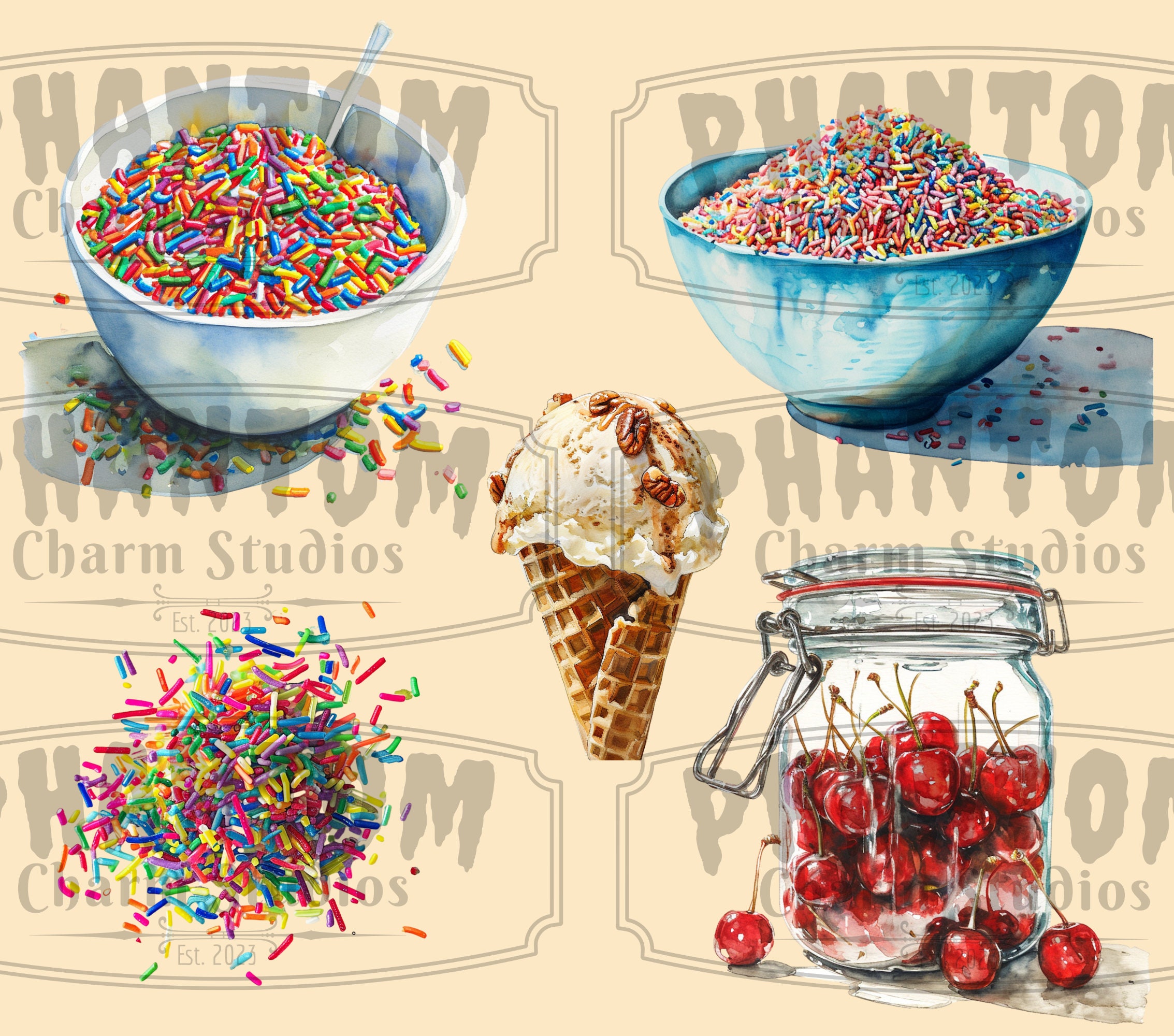 Ice Cream Social Clipart Bundle | Watercolor, Ice Cream Cones, Sundaes ...