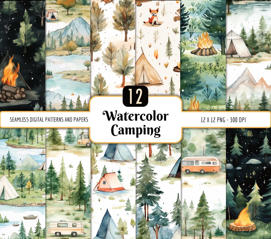 Watercolor Camping Seamless Patterns Bundle | Digital Paper Pack ...