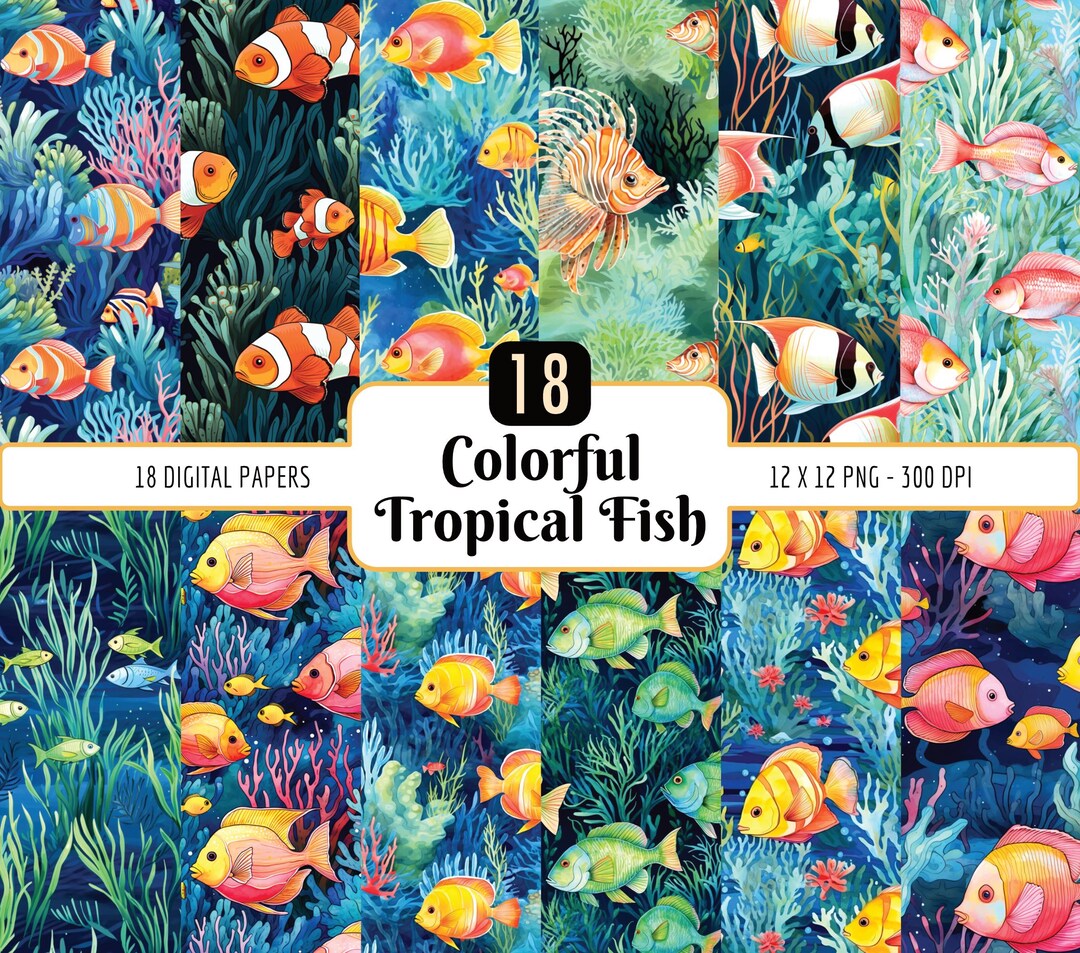 Colorful Tropical Fish Digital Paper Pack | Watercolor, Ocean Saltwater ...