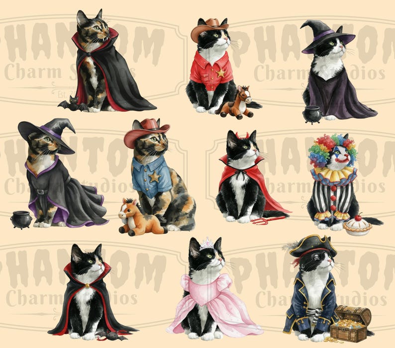 Halloween Costume Cats Clipart: Dressed up Pets, Witch Vampire Pirate ...