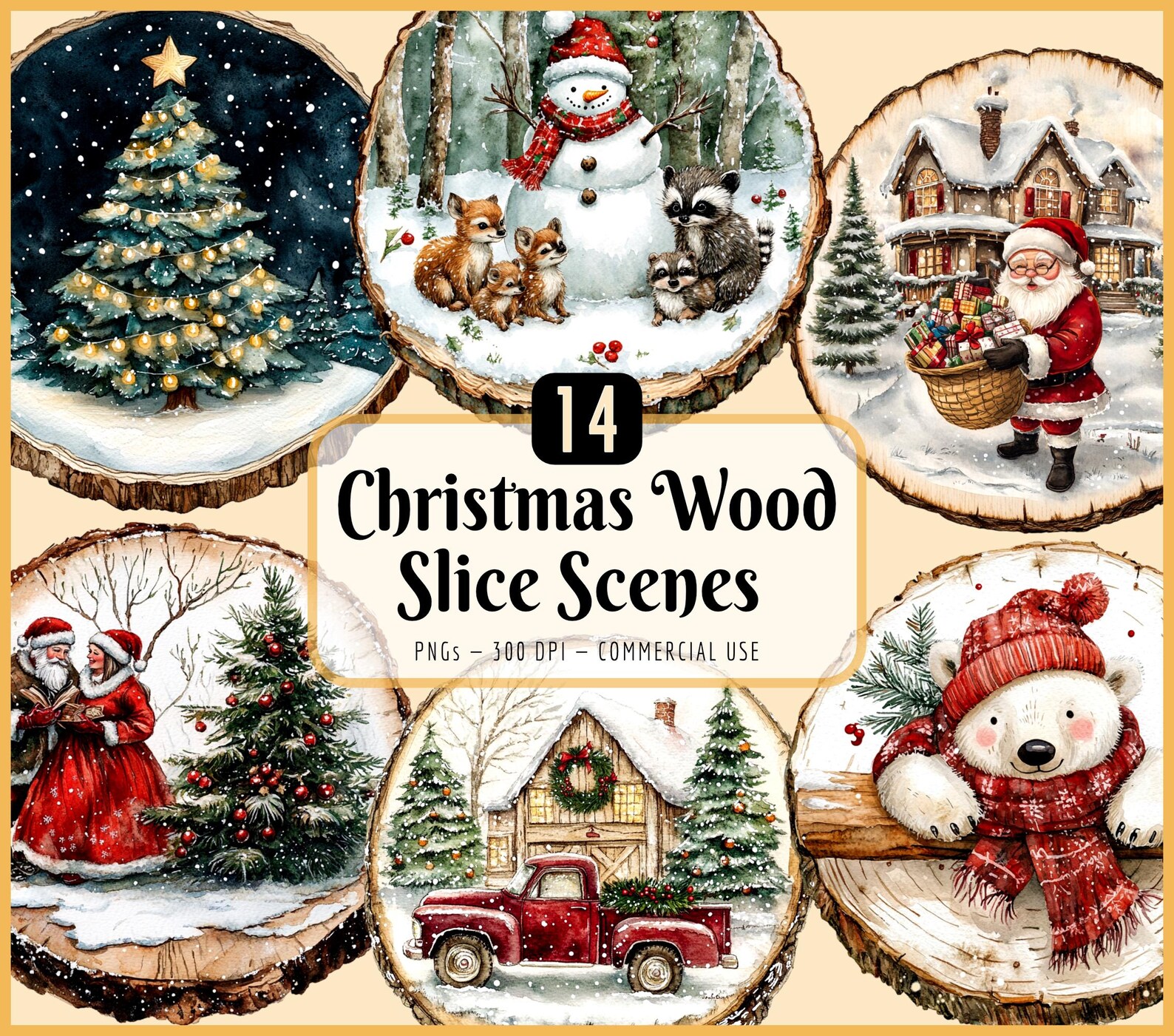 Christmas Wood Slice Scenes Clipart Kit | Rustic Holiday, Festive ...