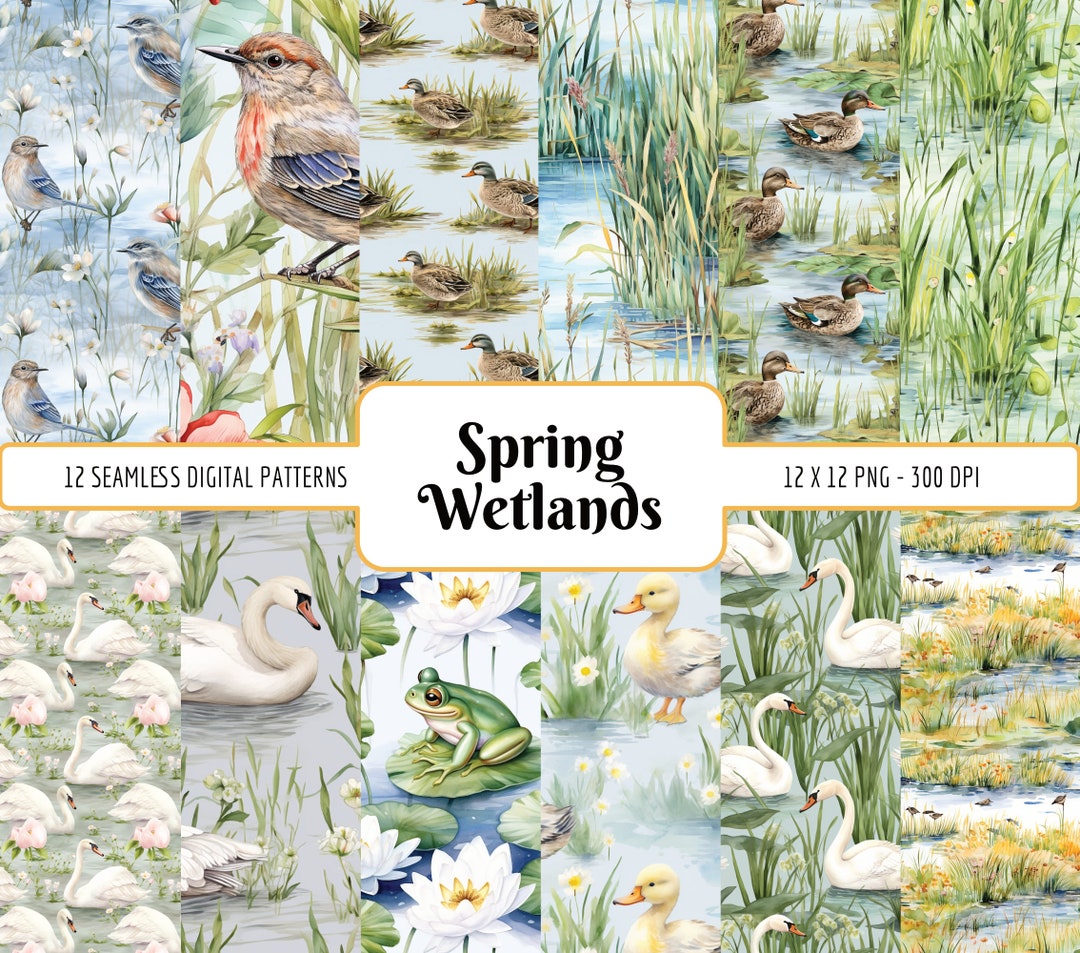 Spring Wetlands Seamless Pattern Bundle Digital Paper Pack, Nature ...