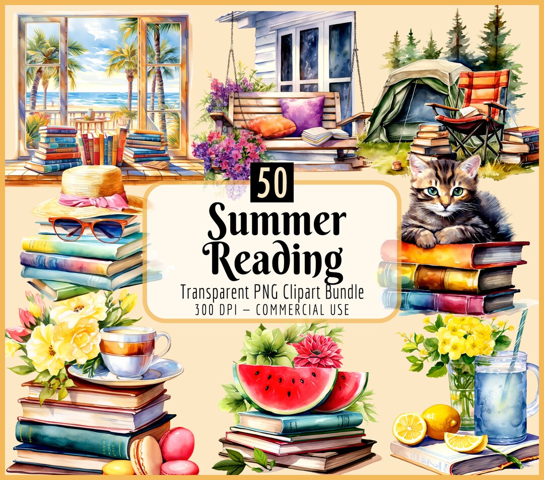 Summer Reading Clipart Bundle I Book Stacks, Bookshelf, Cozy Reading ...