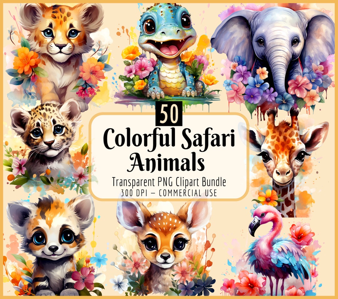Colorful Safari Animals Clipart Bundle I Watercolor, 90's Style Painted ...