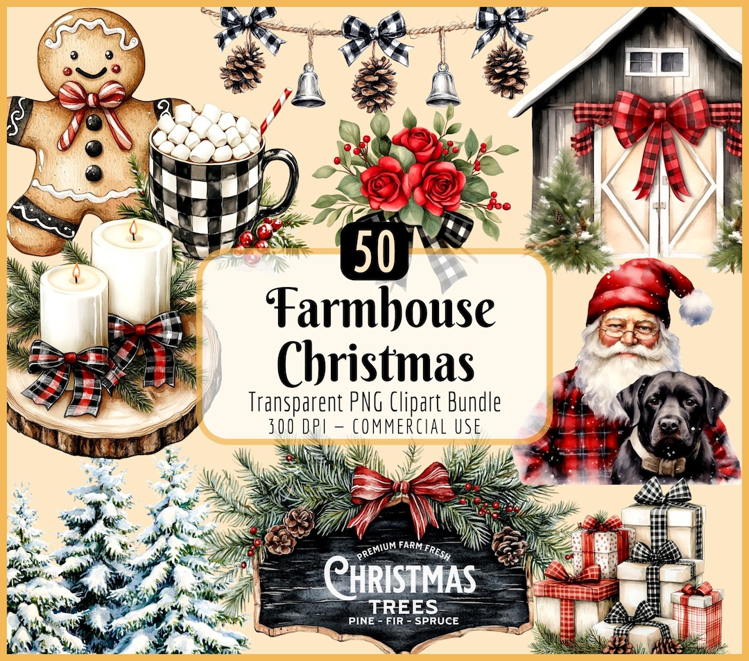 Farmhouse Christmas Clipart Bundle | Watercolor, Santa Claus, Festive ...