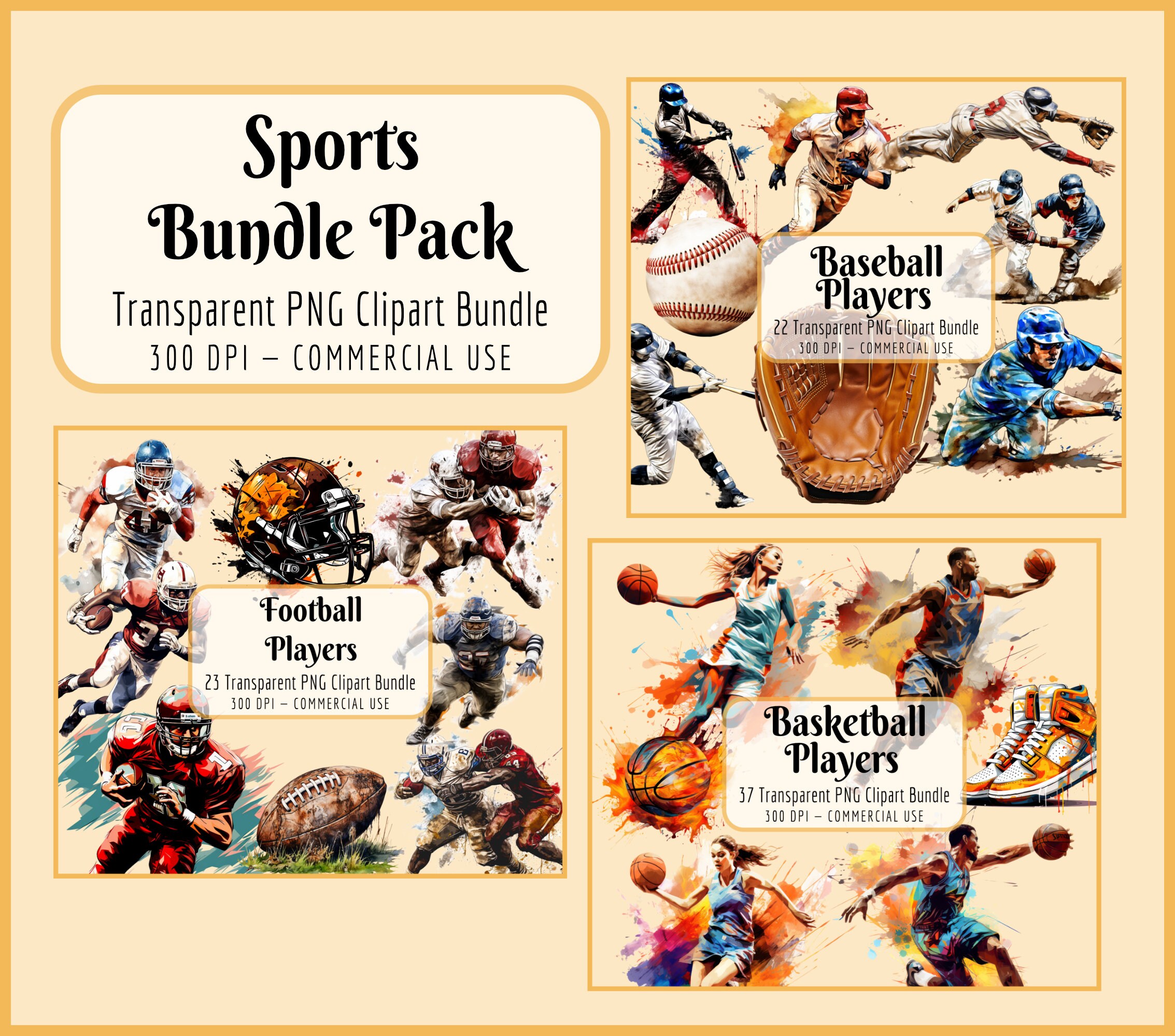 Sports Clipart Bundle | Football Players, Baseball Players, Basketball ...