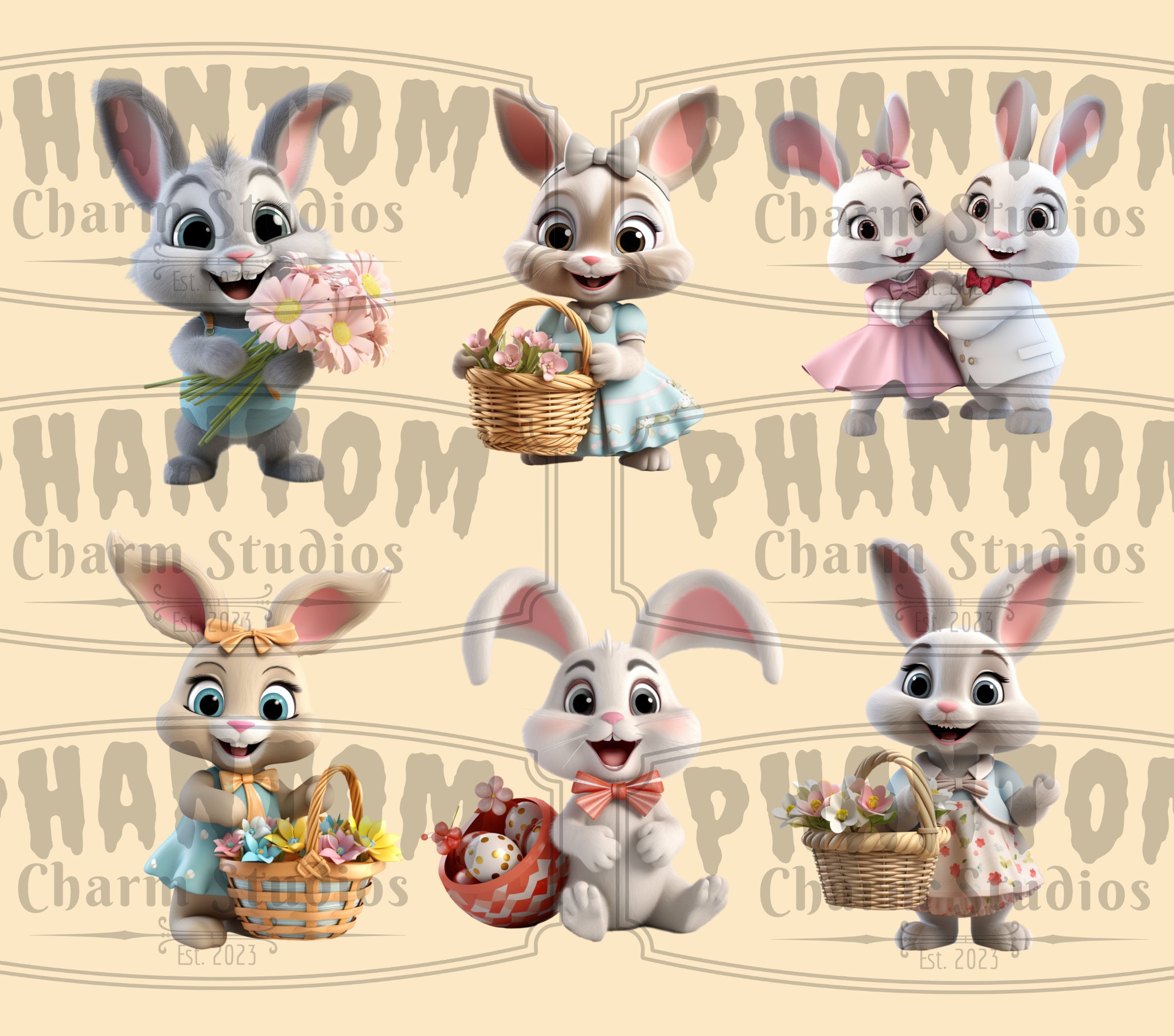 Easter 3D Bunnies Clipart Bundle I Spring Flowers Cute Bunny PNG Easter ...