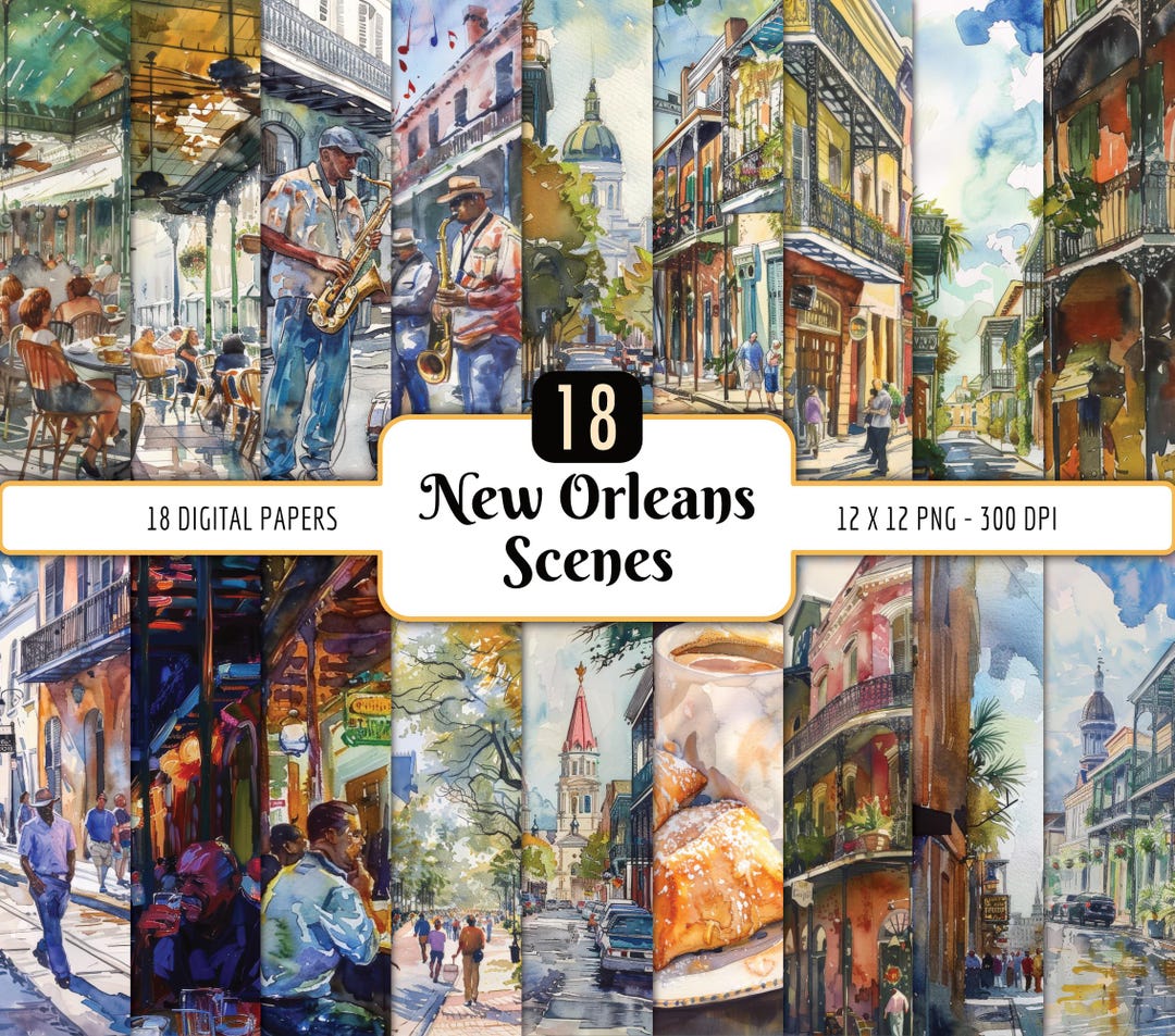 New Orleans Scenes | Digital Paper Pack, Watercolor, Vibrant Cityscapes ...