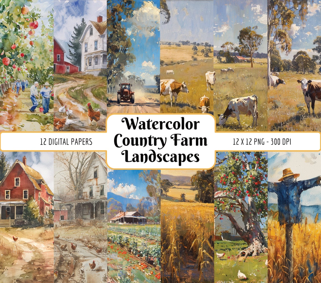 Watercolor Country Farm Landscapes | Digital Paper Pack, Rural ...