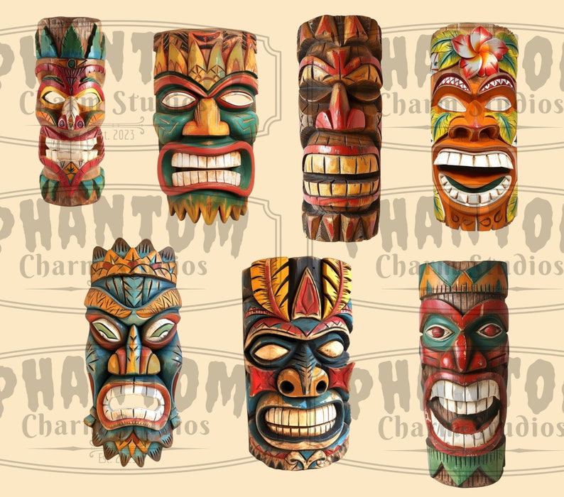 Tiki Masks Clipart Bundle I Exotic, Carved Wood Style, Polynesian Luau ...