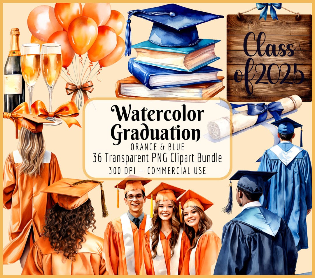 Watercolor Graduation Clipart Bundle I Orange Blue, Grad, Diploma, Cap ...