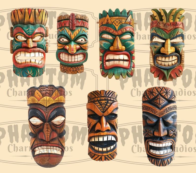 Tiki Masks Clipart Bundle I Exotic, Carved Wood Style, Polynesian Luau ...