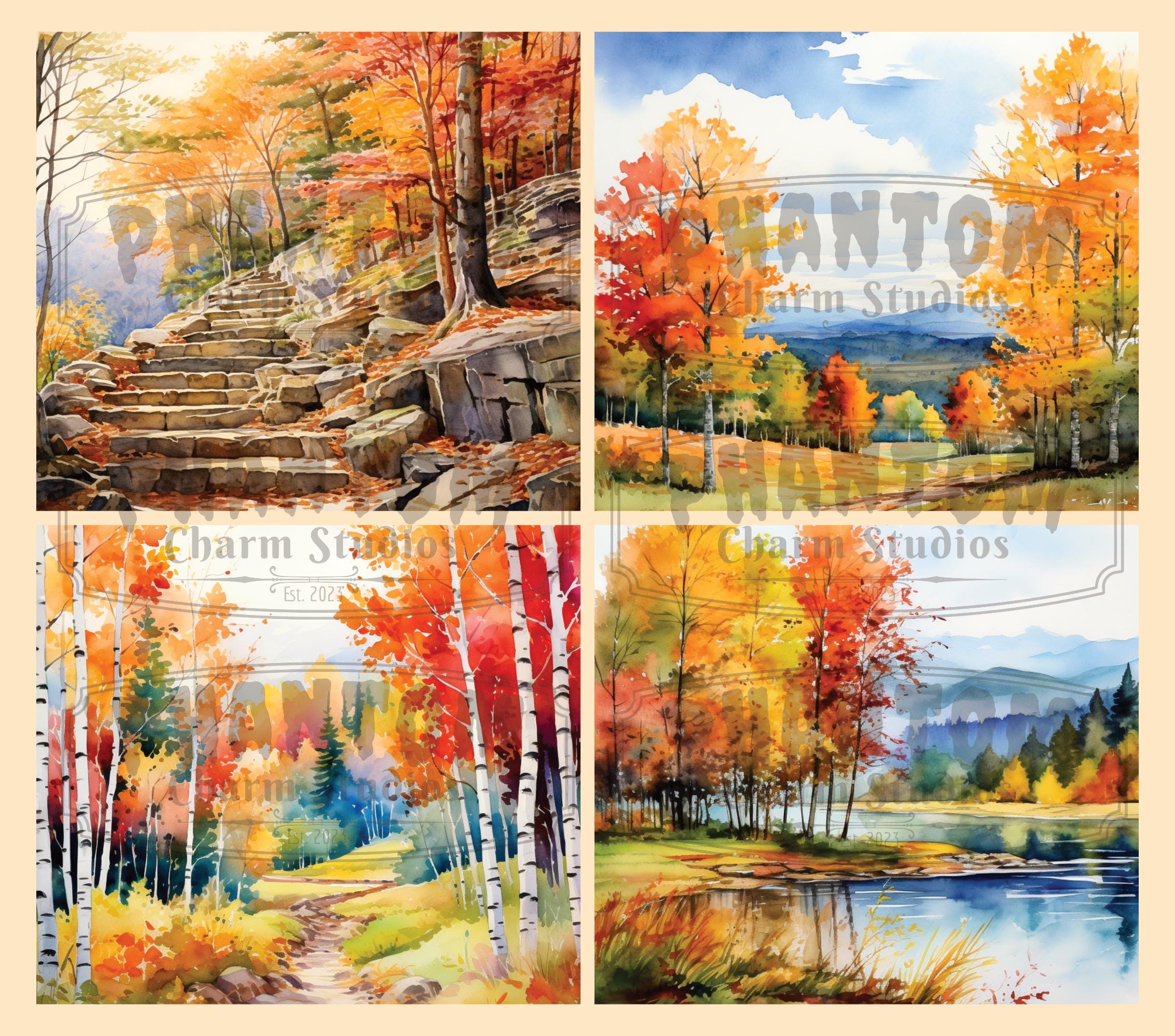 Watercolor Autumn Backgrounds: Digital Paper Pack, Fall Landscapes ...