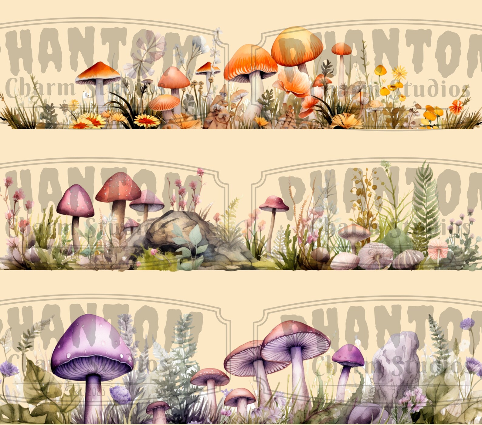 Mushroom & Wildflower Borders Clipart Bundle I Watercolor, Toadstools ...