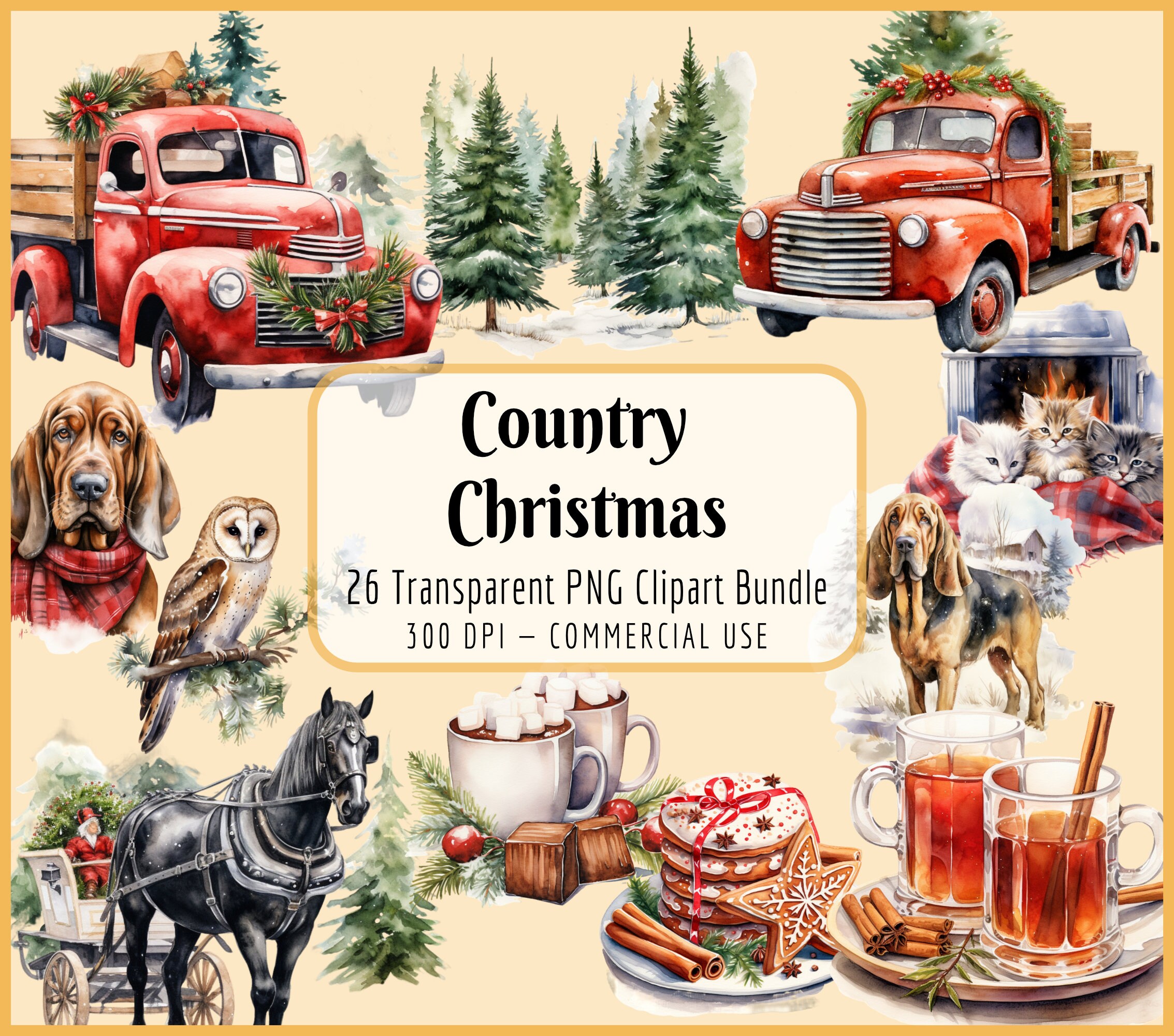 Country Christmas Clipart Bundle Cozy Winter, Holidays, Farmhouse ...