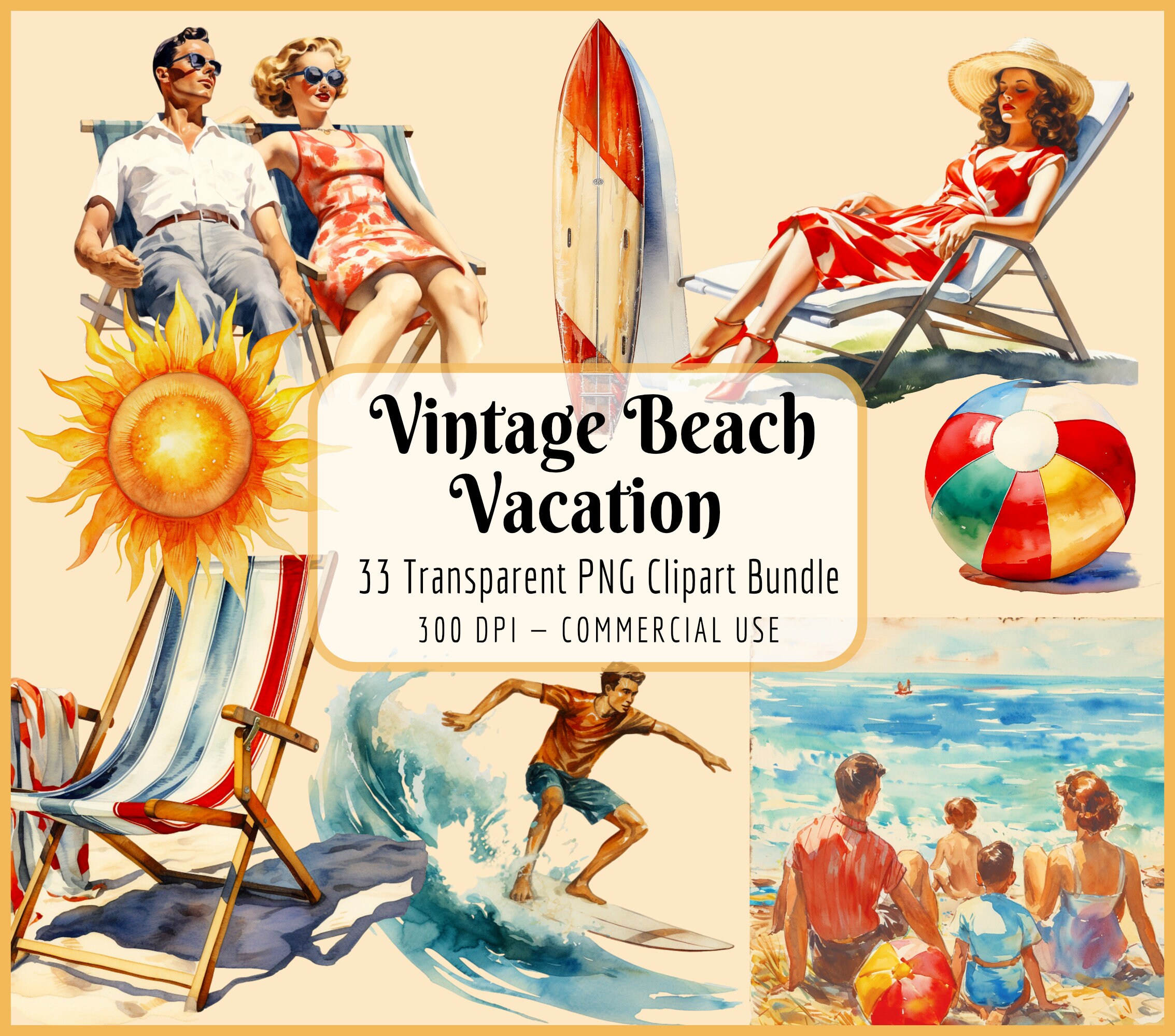 Vintage Beach Vacation Clipart Bundle I 1950s Retro Summer Vibes, Ocean ...