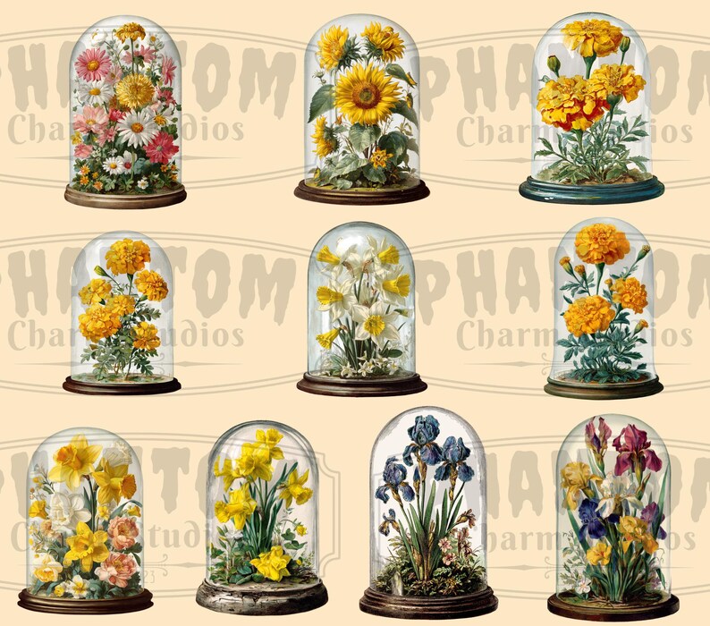 Antique Flower Bell Jars Clipart: Botanical Dome Floral Illustrations ...