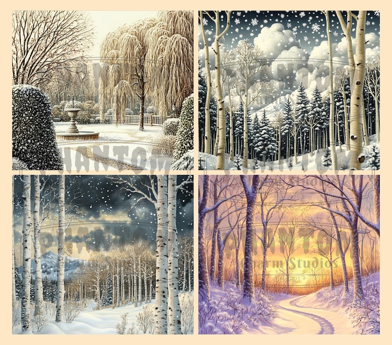 Snowy Tree Scenes Digital Paper Pack | Winter, Landscapes, Snowing ...