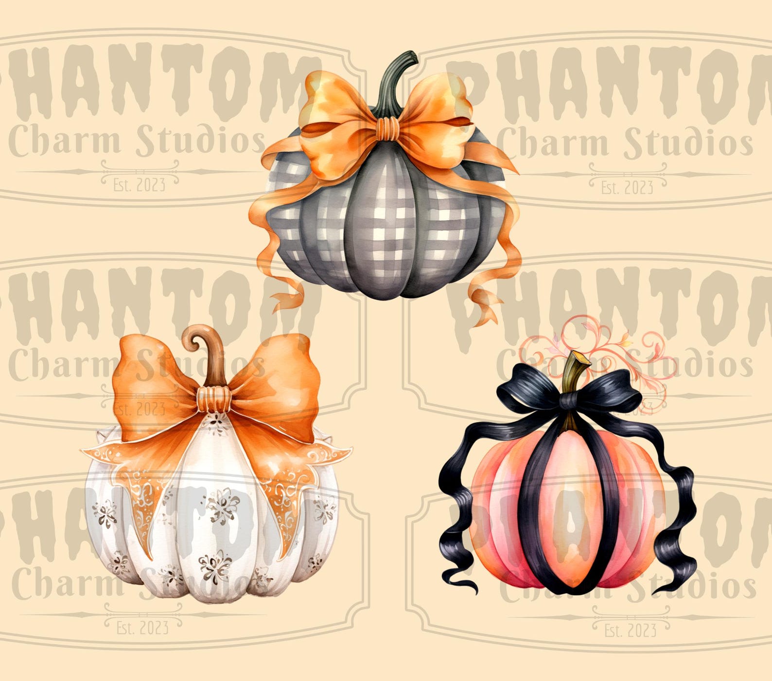 Coquette Pumpkins Clipart Bundle I Watercolor, Gingham Pumpkins and ...