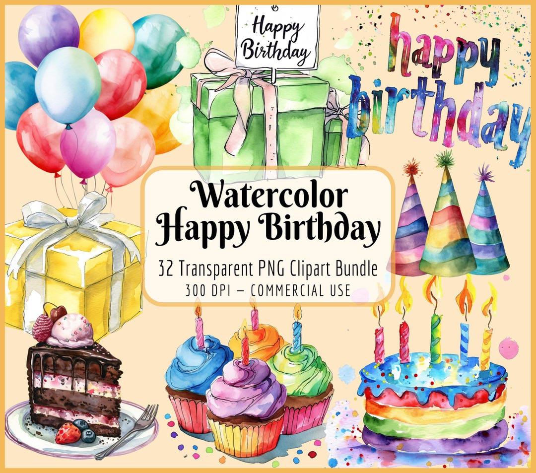 Watercolor Happy Birthday Clipart Bundle I Birthday Graphics, Cake ...