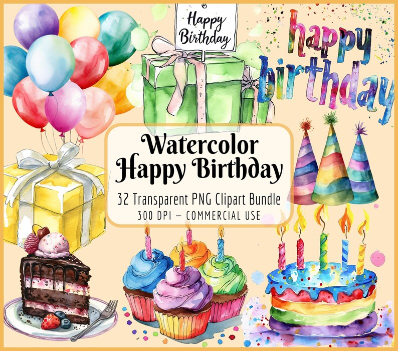 Watercolor Happy Birthday Clipart Bundle I Birthday Graphics, Cake ...