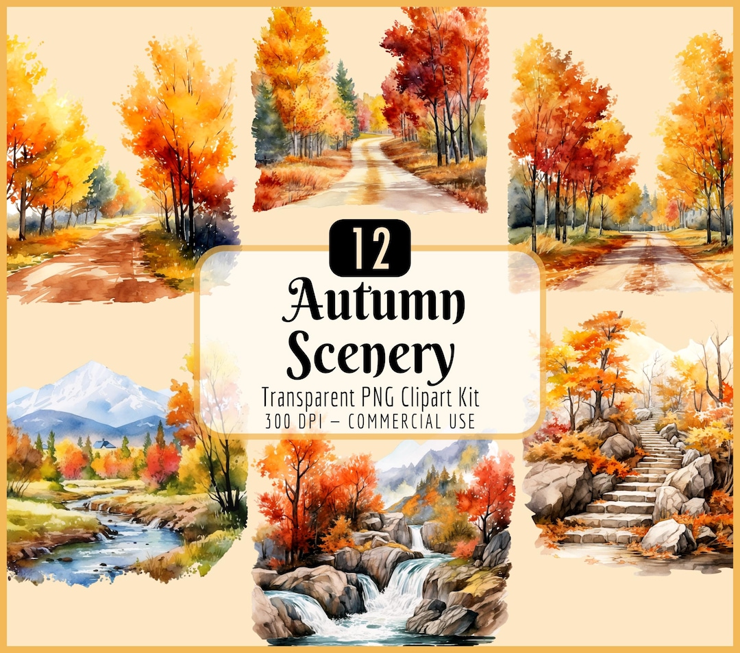 Autumn Scenery Clipart Kit | Watercolor, Fall Landscapes, Seasonal ...