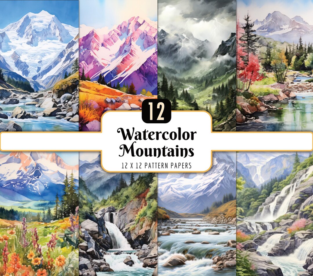 Watercolor Mountains Digital Paper Pack: Scenic Landscape Backgrounds ...