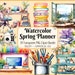 Watercolor Spring Planner Clipart Bundle I Desk Planner Scenes Journal ...