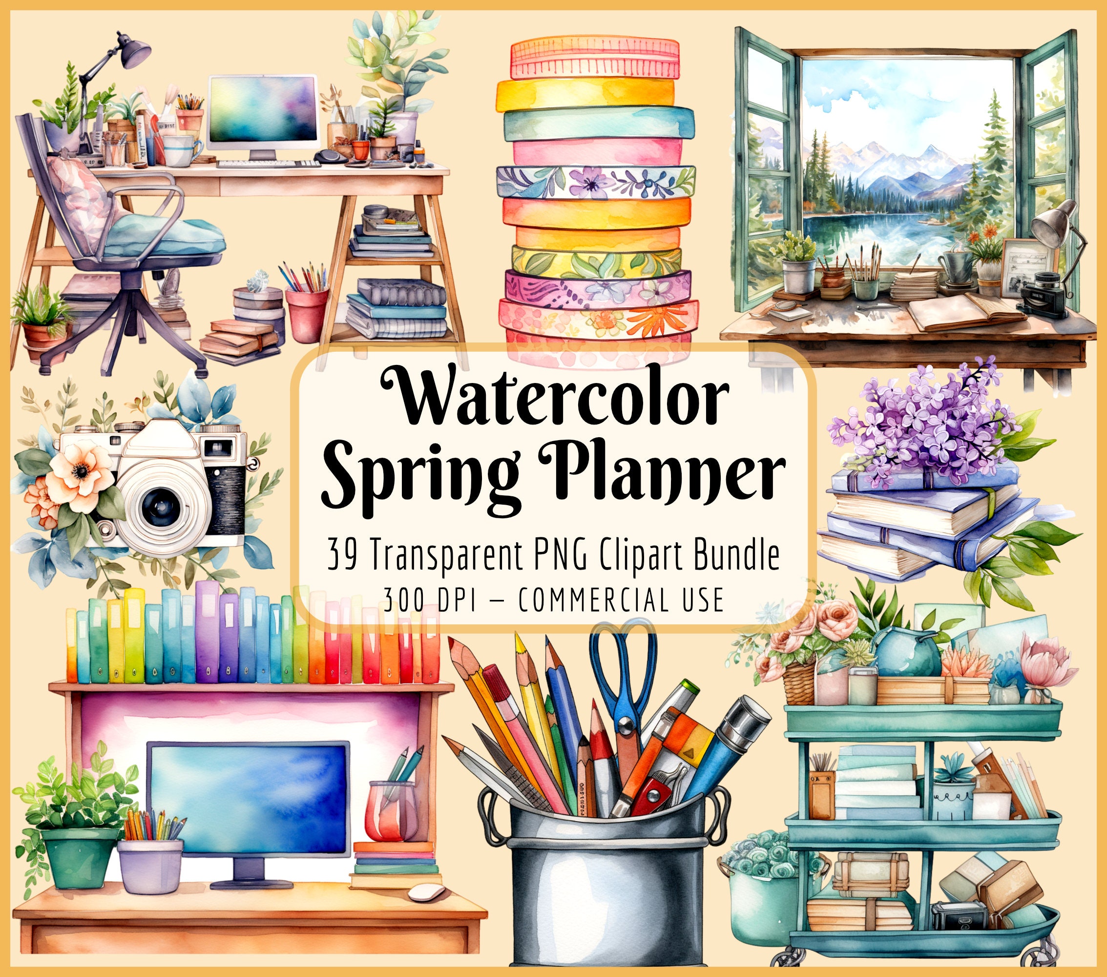 Watercolor Spring Planner Clipart Bundle I Desk Planner Scenes Journal ...